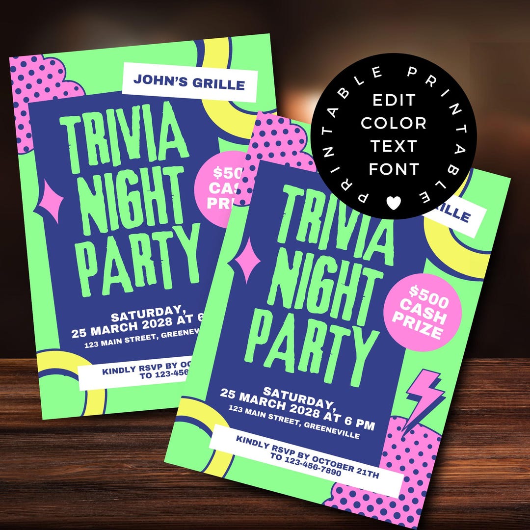 Trivia Night Invitation | Printable Pub Quiz Flyer | Editable Template ...