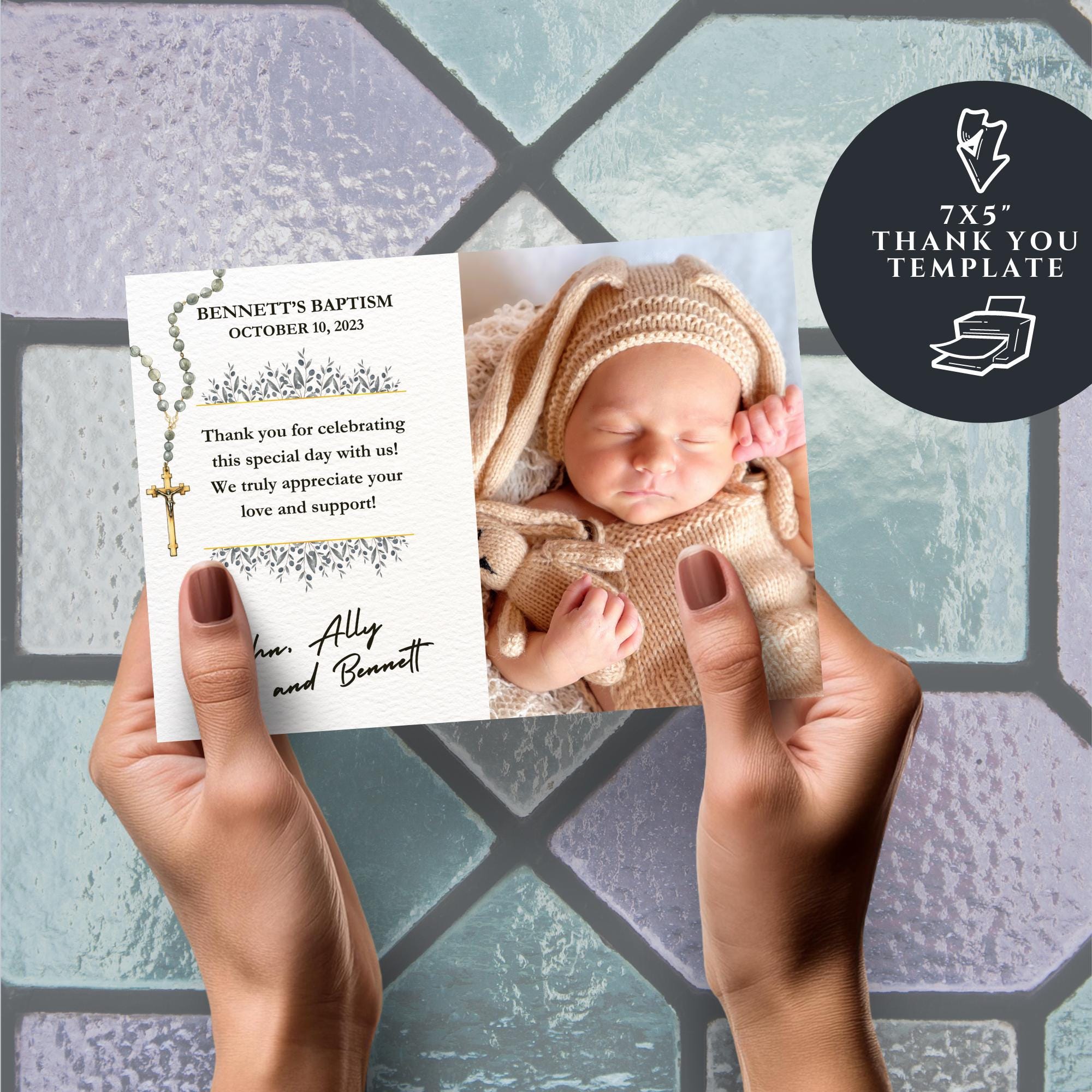 Rosary Baptism Thank You Card Template With Photo, Editable Printable ...
