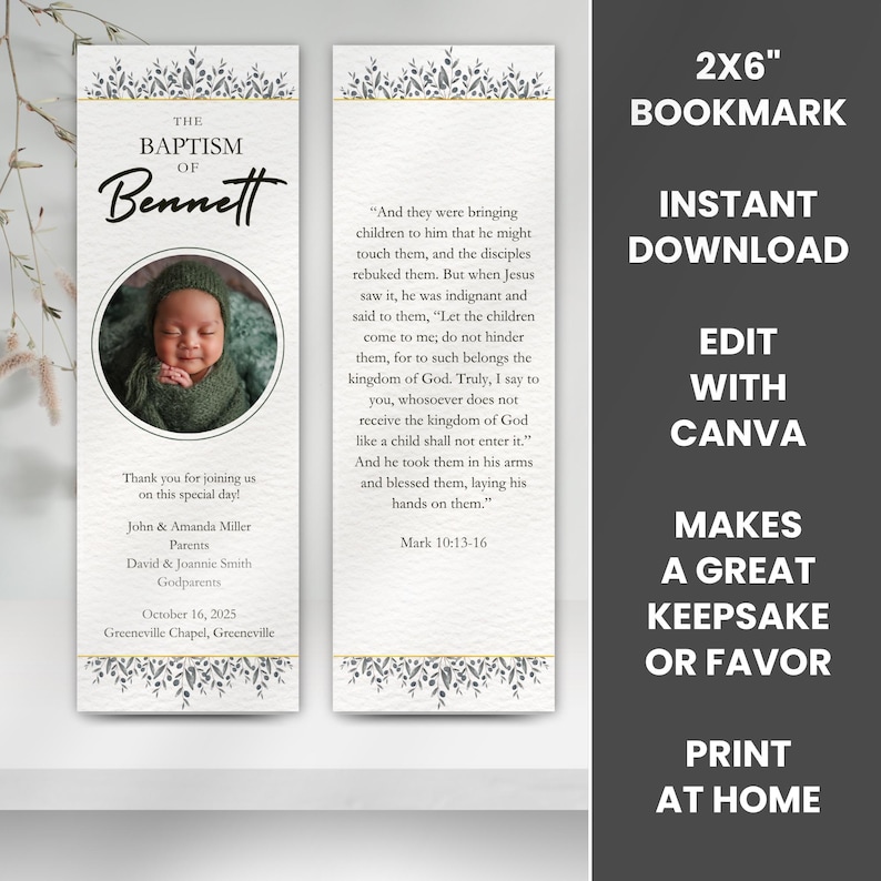 Editable Baptism Bookmark Template, Christening Party Favor, Baby ...