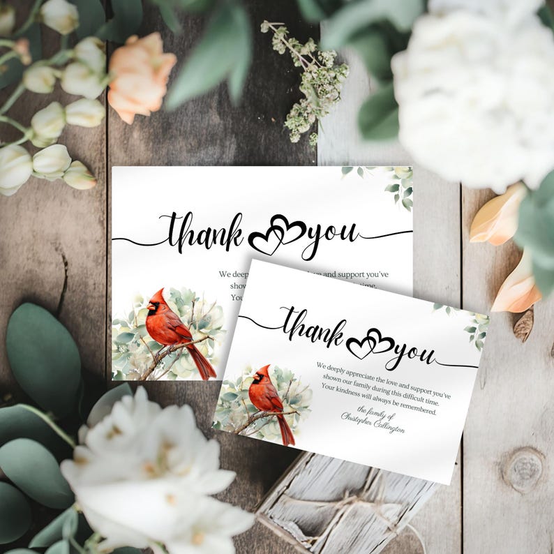 Funeral Thank You Cards, Personalized Cardinal Sympathy Notes, Memorial ...