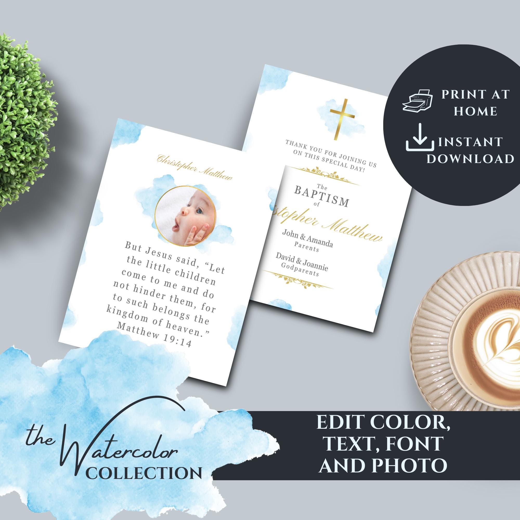 Blue Watercolor Prayer Card Keepsake Template, Printable Bookmark ...