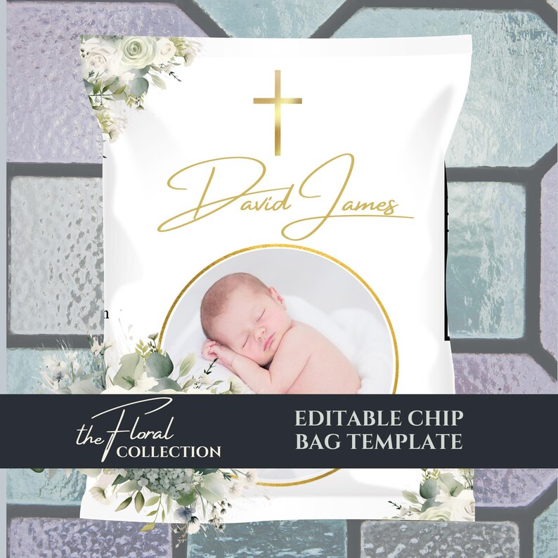 Editable Christening Chip Bag Mi Bautizo Chip Bags Greenery Baptism ...