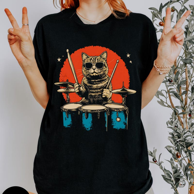 Cat Playing Drums T Shirt - Etsy
