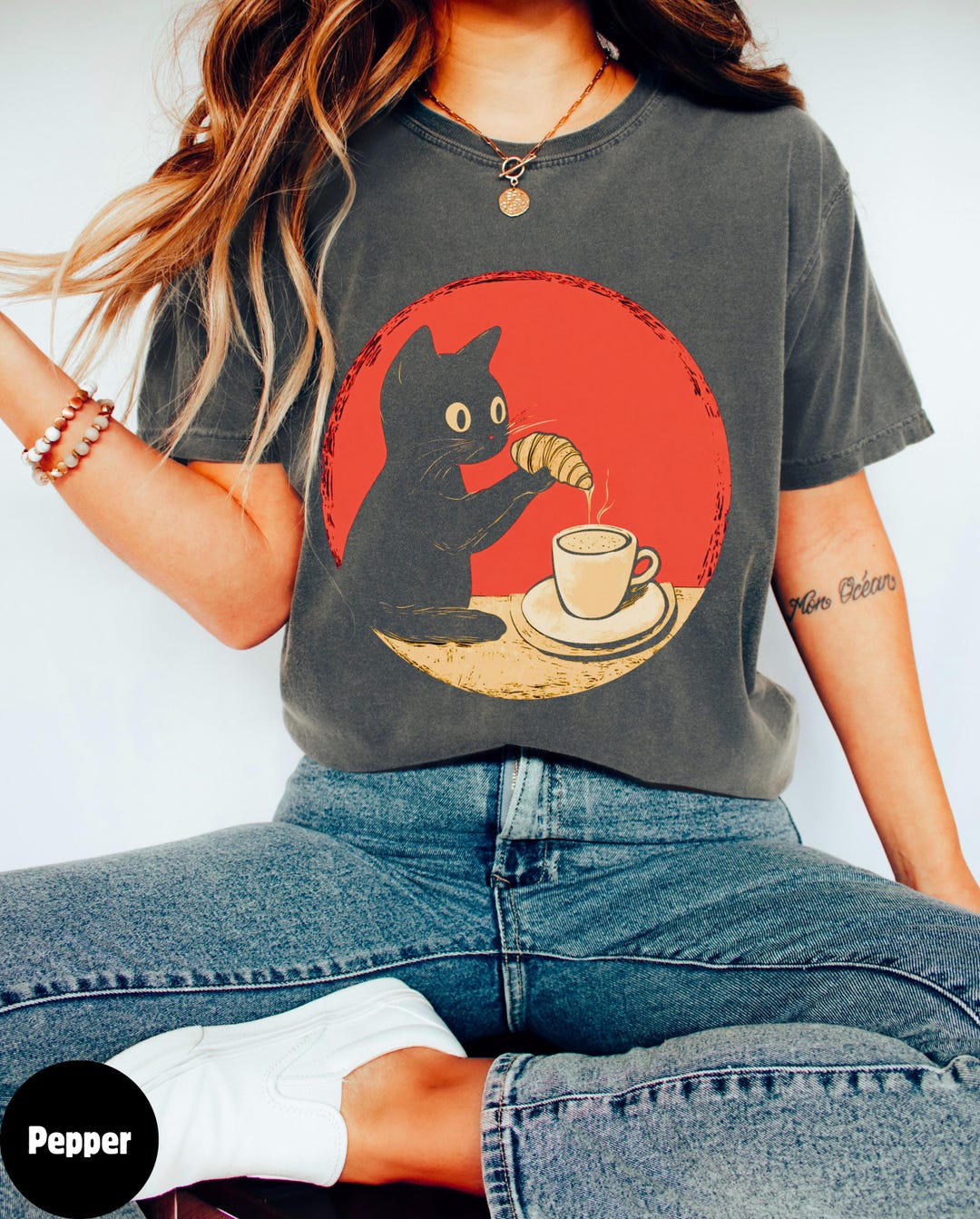 Cat Dipping Croissant in Coffee Shirt, Funny Cat Lover Tee, Cute Animal ...
