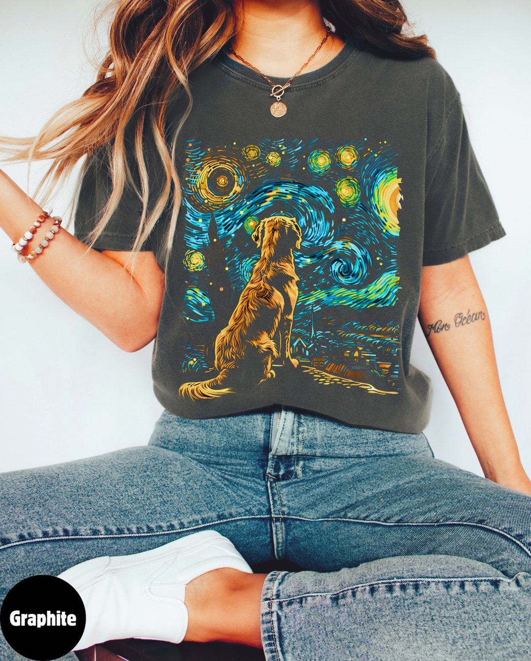 Dog Starry Night Shirt, Van Gogh Style Golden Retriever Art Tee, Dog ...