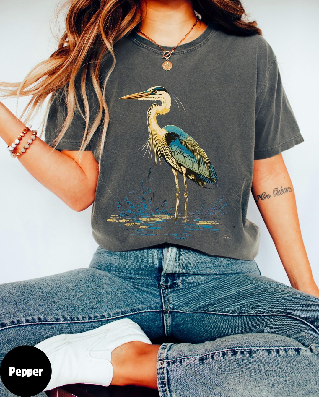 Great Blue Heron Shirt, Bird Lover Shirt, Hippy Clothes, Folk Art, Blue ...
