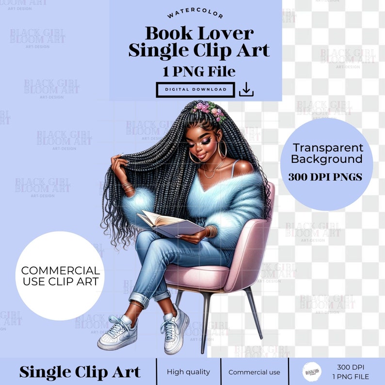 Book Lover Clipart, Watercolor Clipart, Black Woman Clipart, Books ...