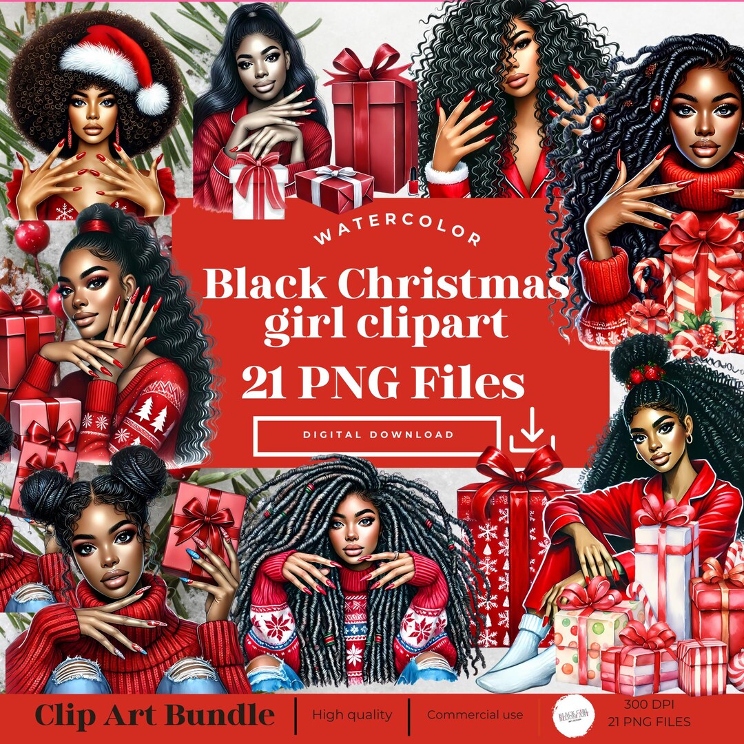 Black Christmas Girl Clipart, Watercolor Christmas Clipart, Red ...