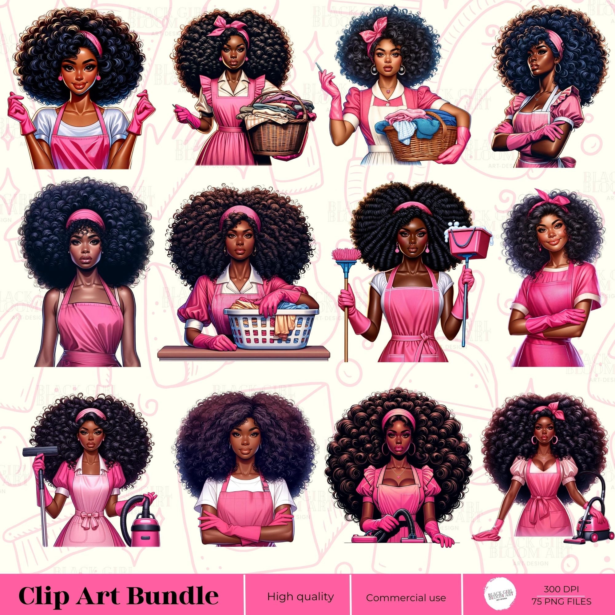 Black Cleaning Lady Clipart, Watercolor Cleaning Clipart, Black Girl Clipart, Cleaning Supplies ...