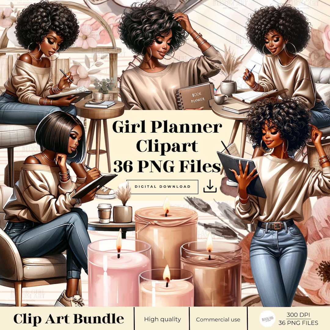 Black Girl Planner Clipart, Planner Girl Clipart,journal Clip Art ...