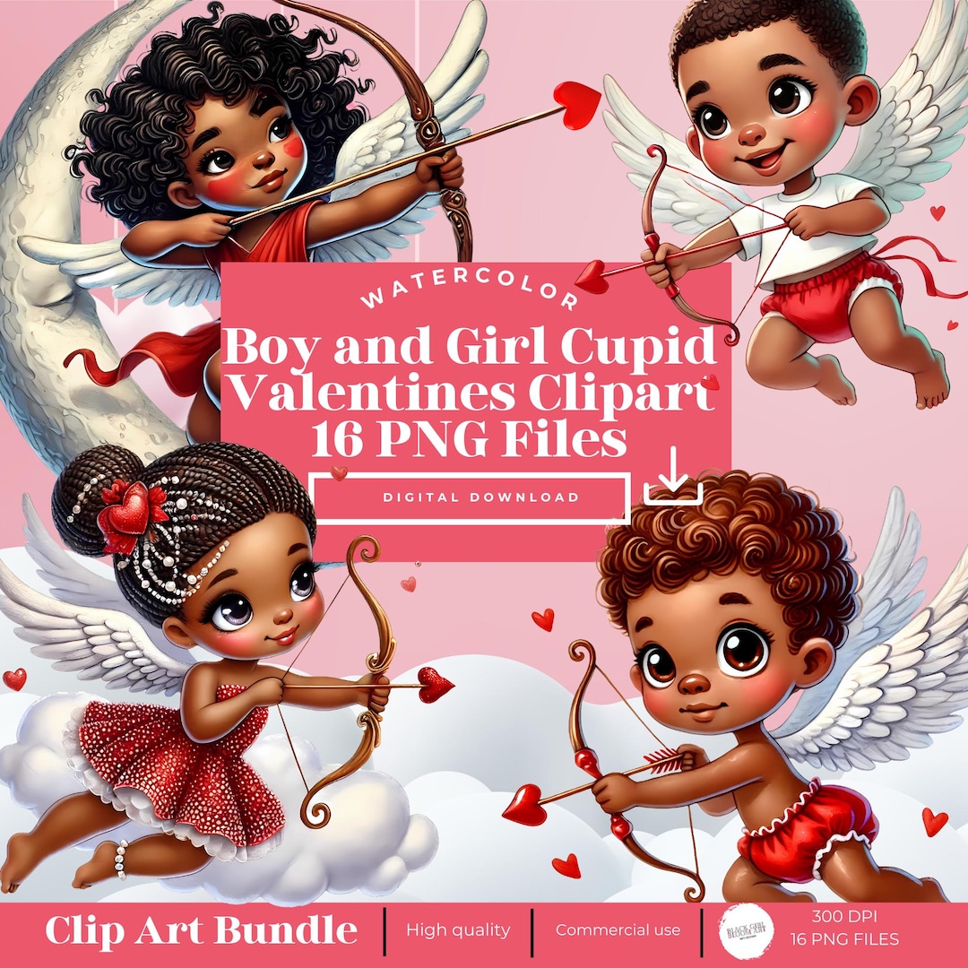 Black Boy and Girl Cupid Clipart, Cute Cupids Clipart, Valentine's Day ...