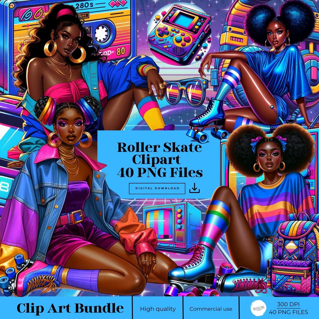 Black Girl Roller Skate Clipart,planner Stickers,i Love 80s,retro ...