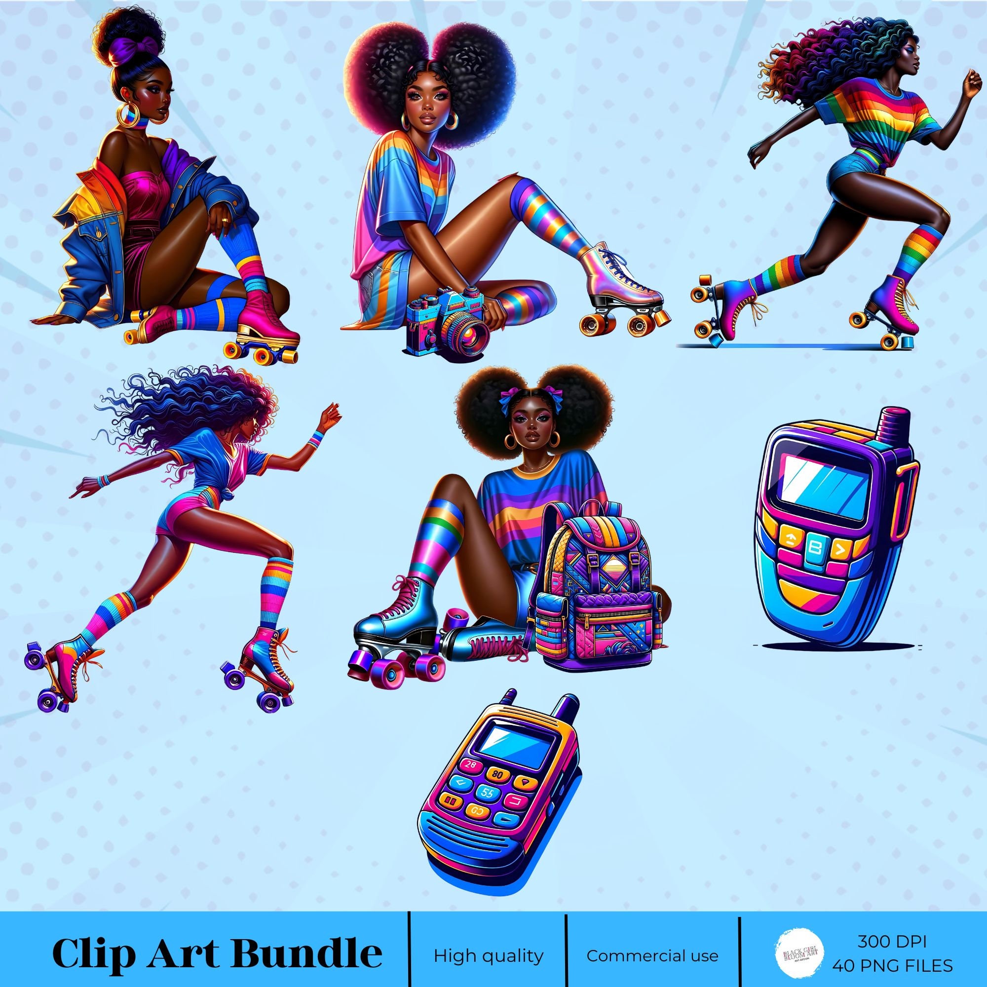 Black Girl Roller Skate Clipart,planner Stickers,i Love 80s,retro ...