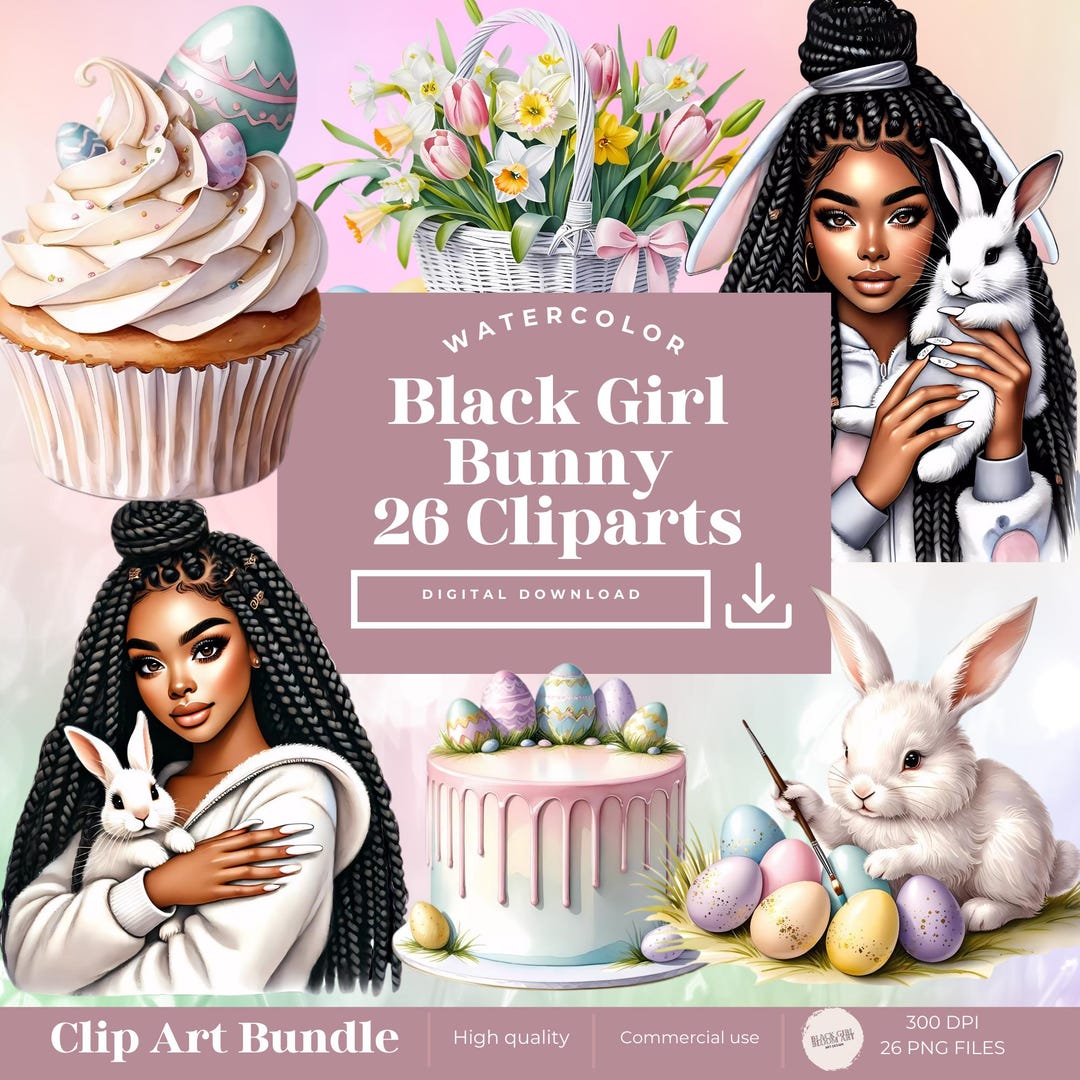 Easter Black Girl Bunny Themed Clipart, Black Girl Clip Art,easter Clip ...