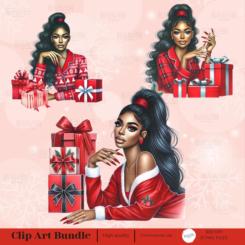 Black Christmas Girl Clipart, Watercolor Christmas Clipart, Red ...