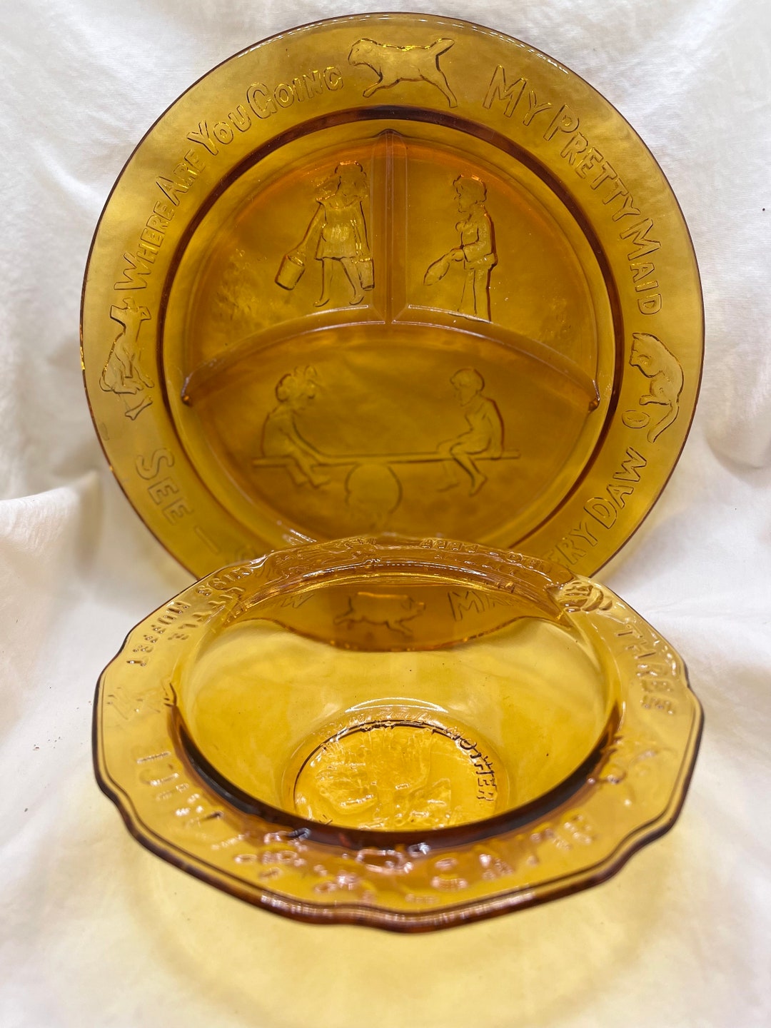 Vintage Mother Goose Amber Divided Childs Plate & Bowl - Etsy
