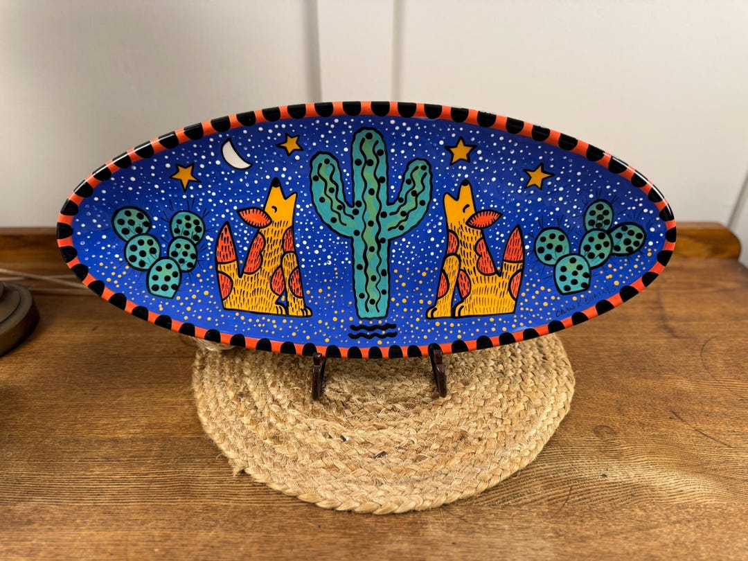 Hand-painted Southwestern Ceramic Platter, Coyote Cactus Design - Etsy
