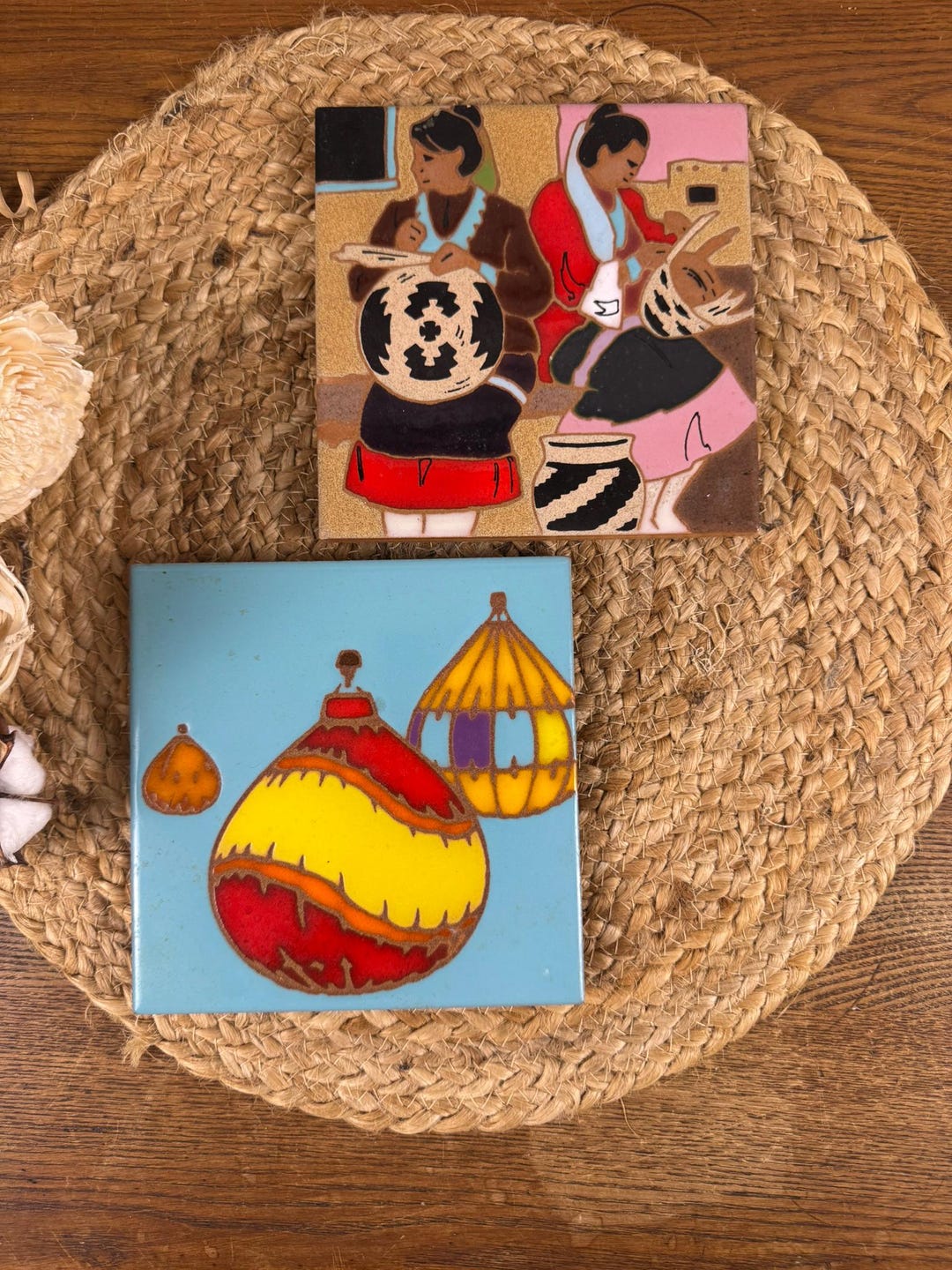 Vintage Santa Fe Art Tiles – Indigenous Women & Hot Air Balloons, Set ...