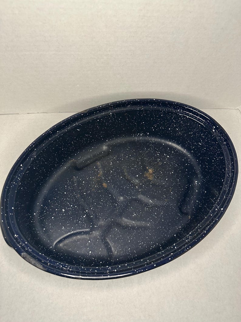 Large Vintage Blue Speckled Roaster - Etsy