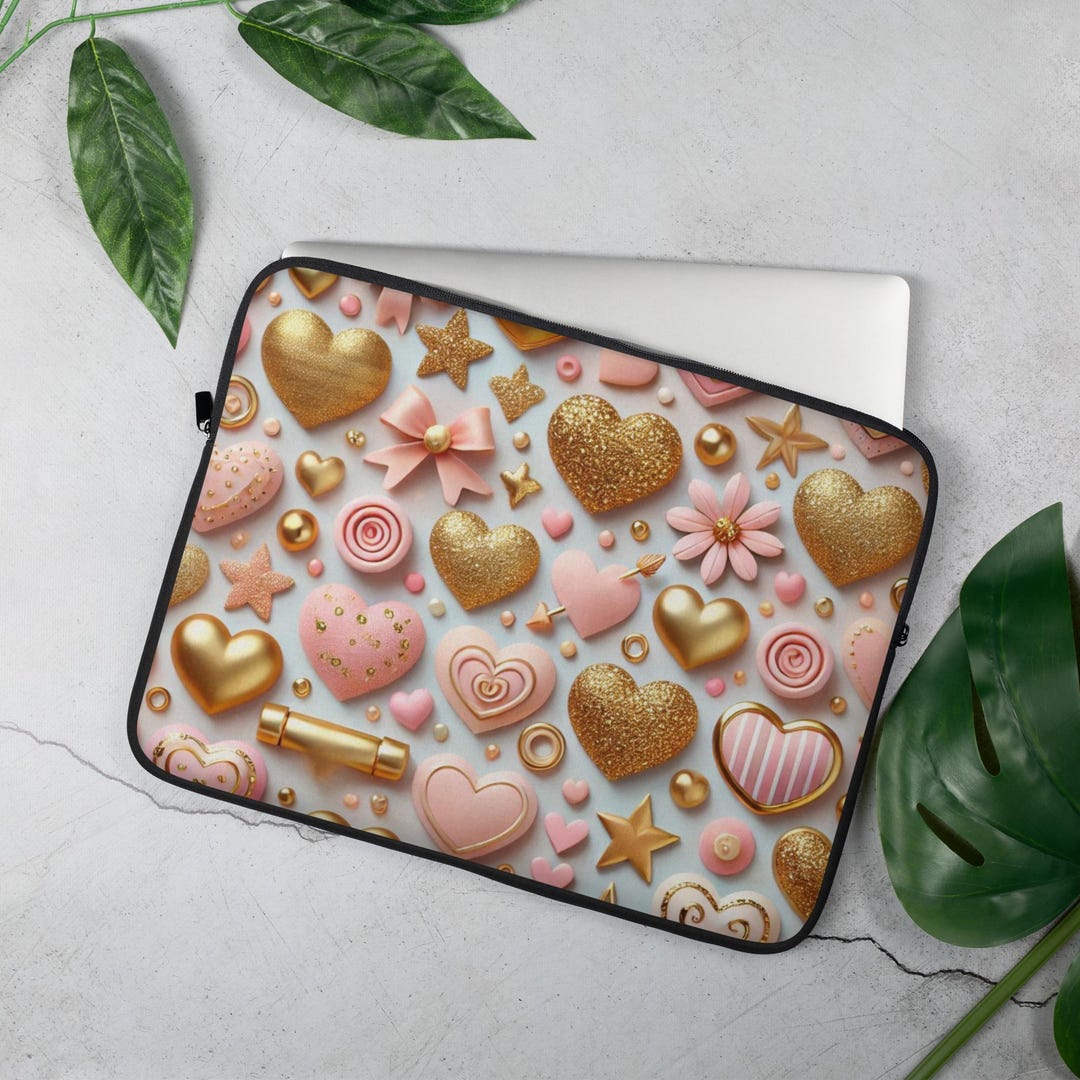 Valentines' Day Gold and Pink Laptop Sleeve, Gold and Pink Hearts ...