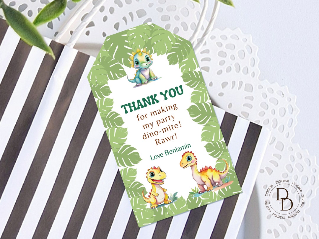 Dinosaur Birthday Thank You Tag Party Boy Green Adventure Party ...