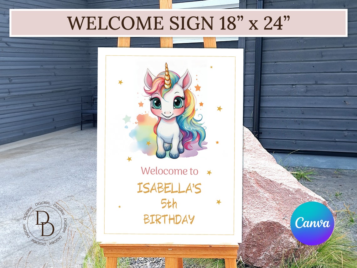 Unicorn Birthday Welcome Sign Easel Size Party Deco Girl Pink Unicorn ...