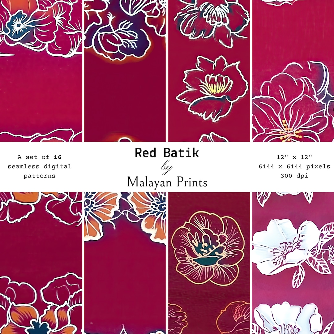 Set of 13 High Quality Red Batik Digital Paper Seamless Design, Wax ...