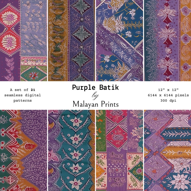 Set of 21 High Quality Purple Pastel Colourful Batik Digital Paper ...