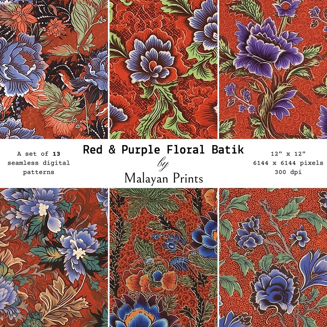 Set of 13 High Quality Red & Purple Floral Batik Digital Paper Seamless ...