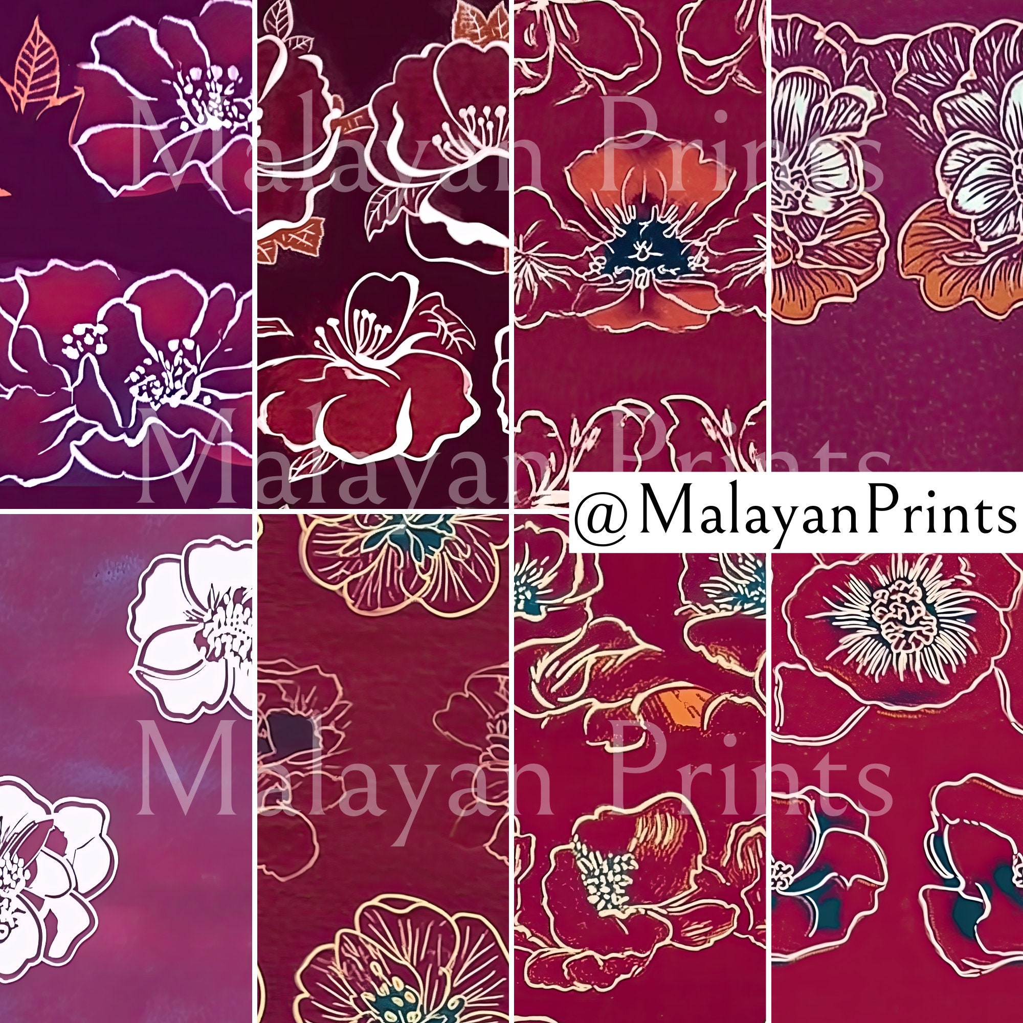Set of 13 High Quality Red Batik Digital Paper Seamless Design, Wax ...