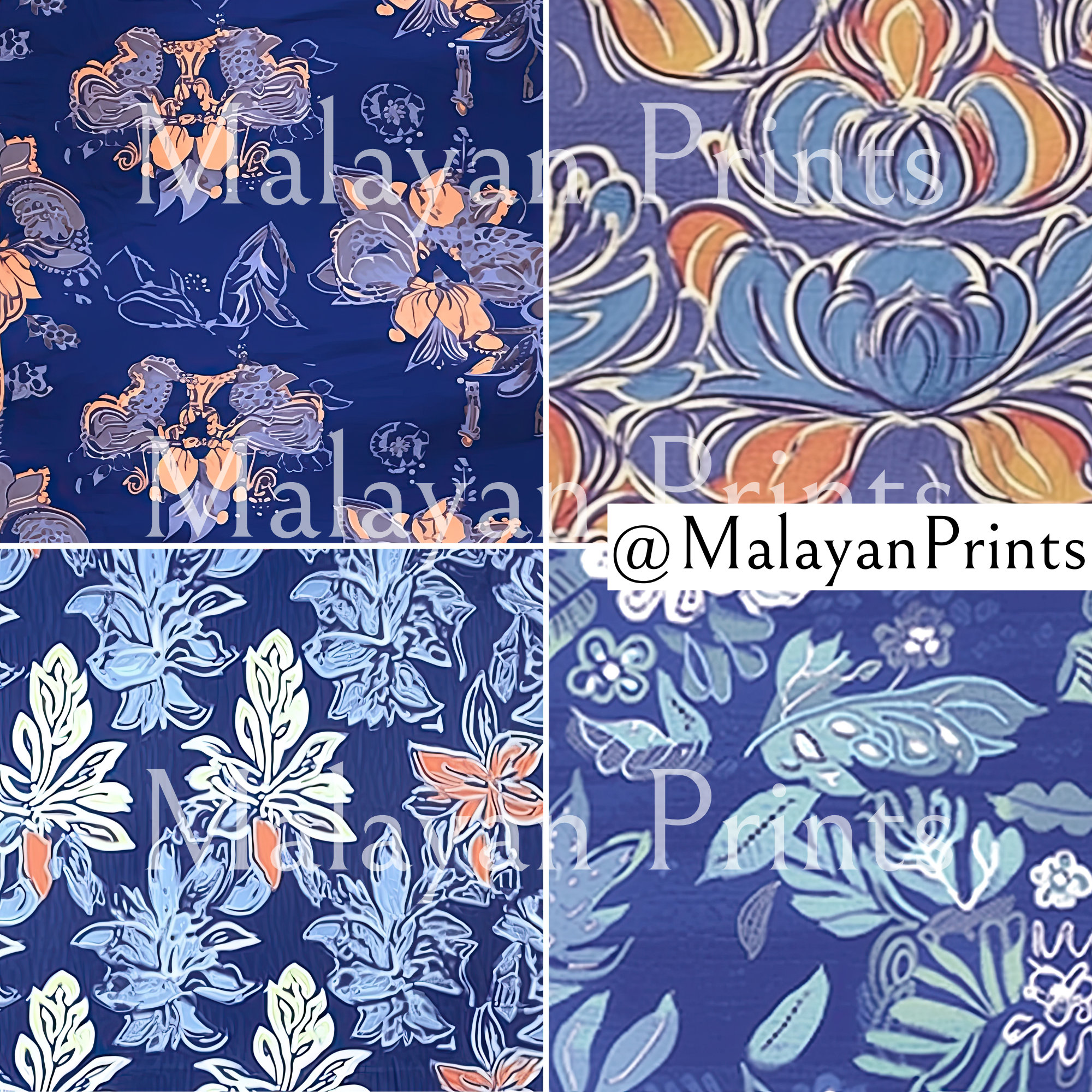 Set of 8 High Quality Blue Batik Digital Paper Seamless Design Wax ...