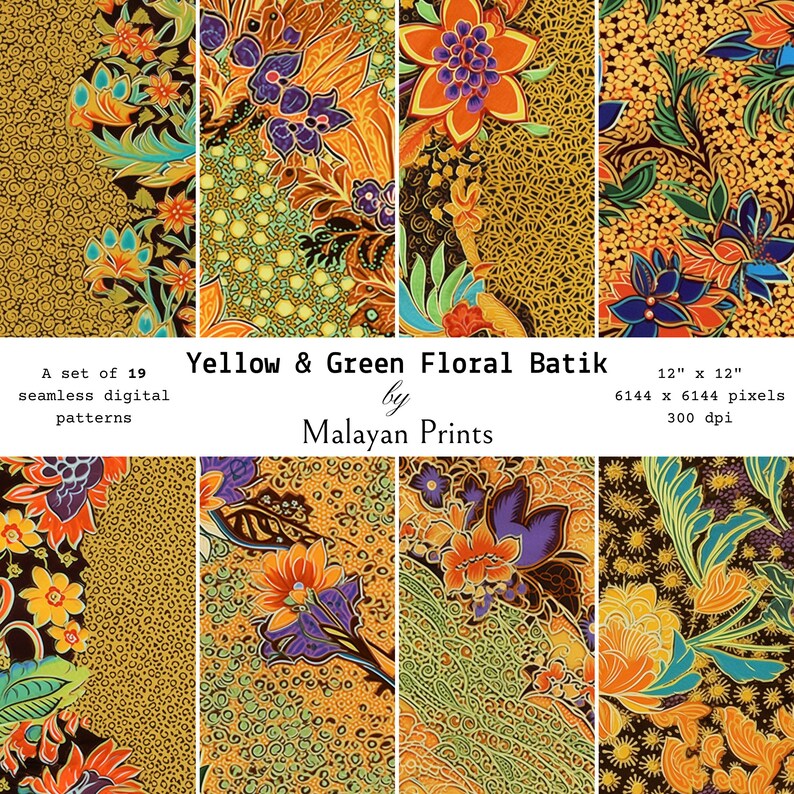 Set of 19 High Quality Yellow Green Earth Batik Digital Paper Seamless ...