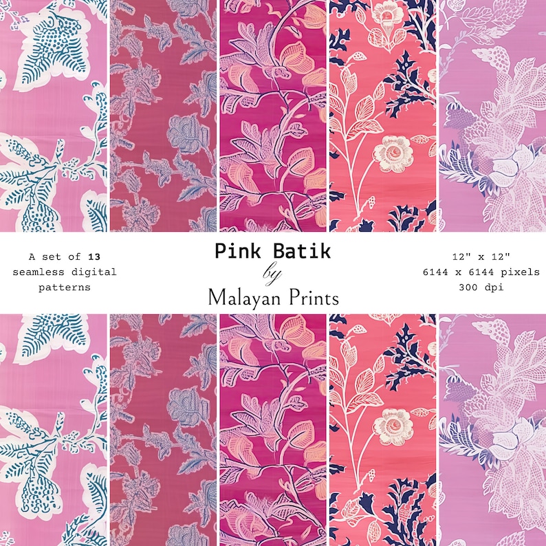 Set of 13 High Quality Pink Batik Digital Paper Seamless Design, Wax ...