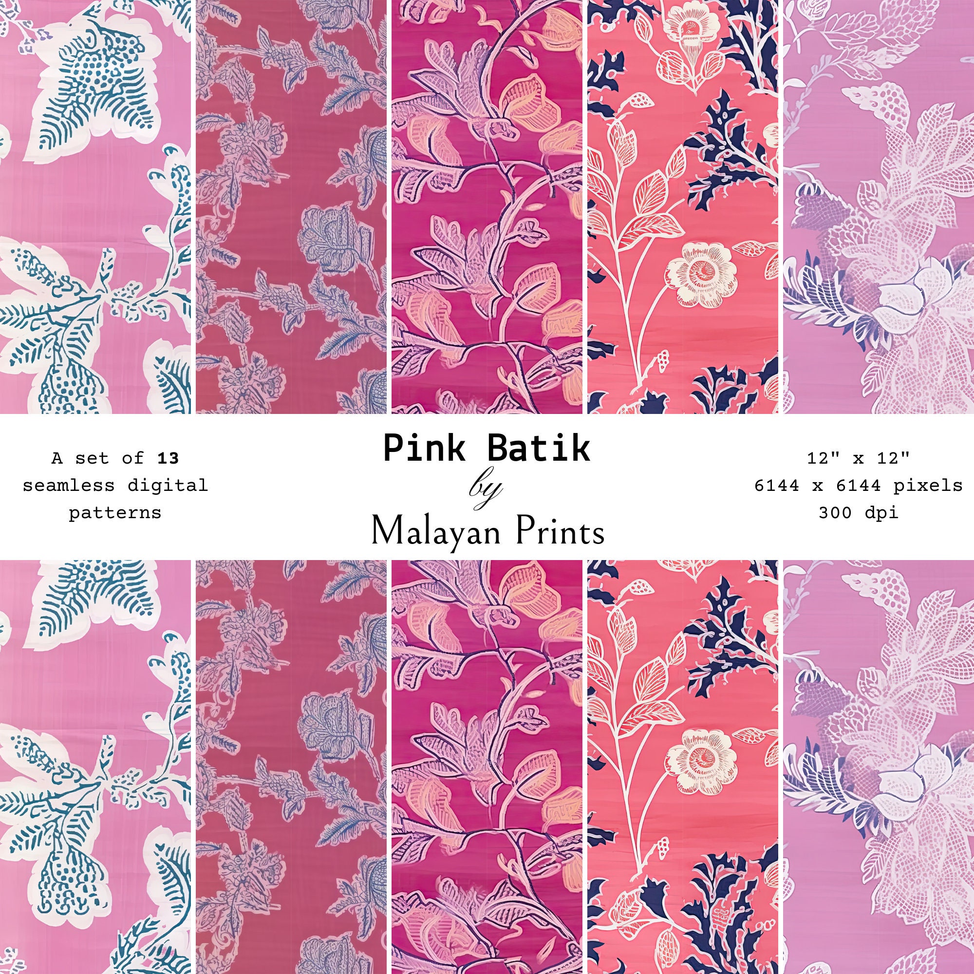 Set of 13 High Quality Pink Batik Digital Paper Seamless Design, Wax ...