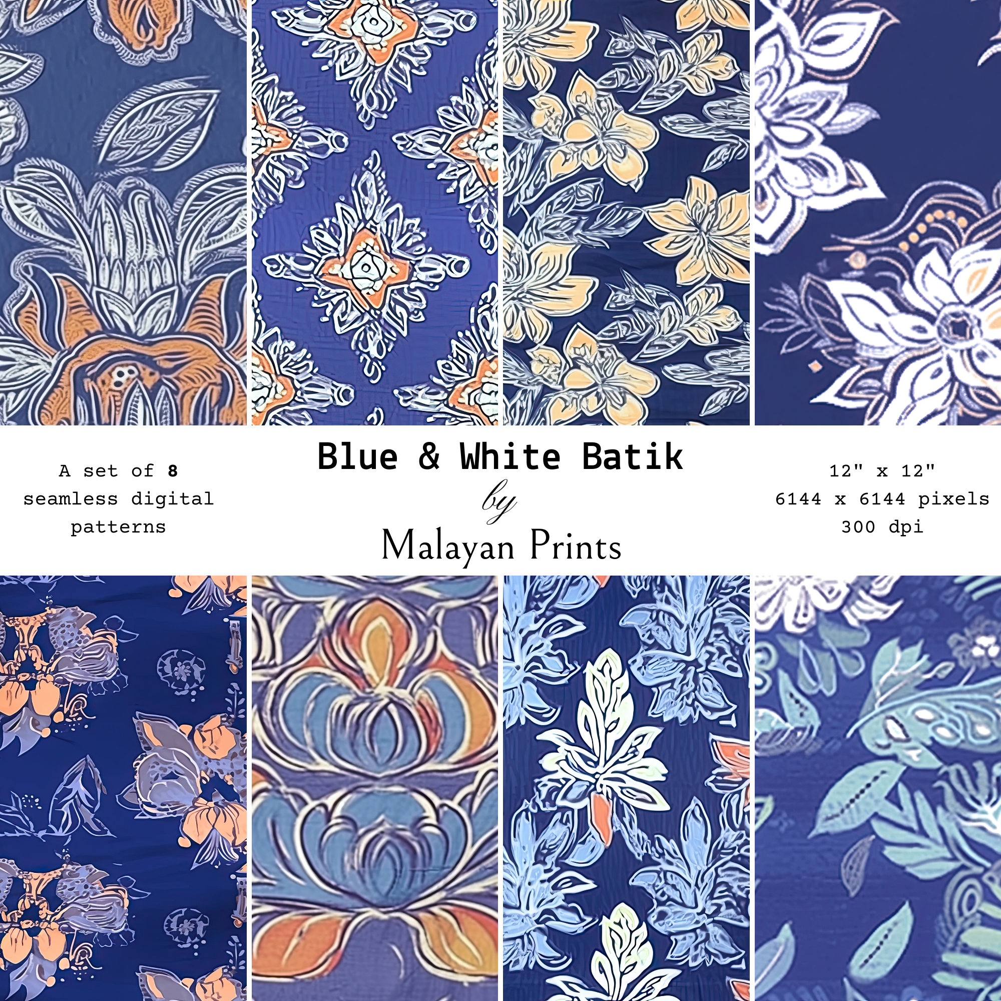 Set of 8 High Quality Blue Batik Digital Paper Seamless Design Wax ...