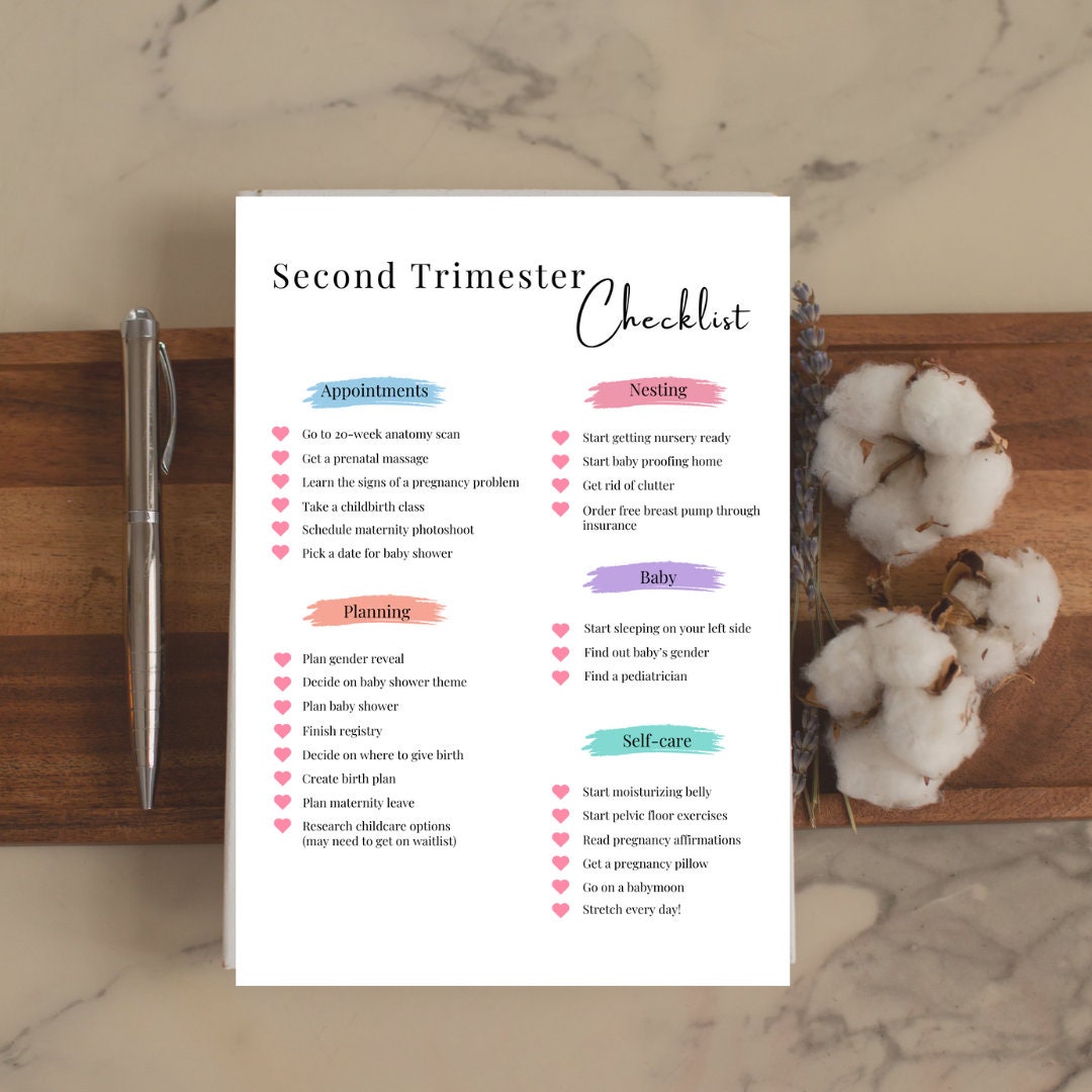 Second Trimester Checklist Printable, Pregnancy Organizer, Maternity ...