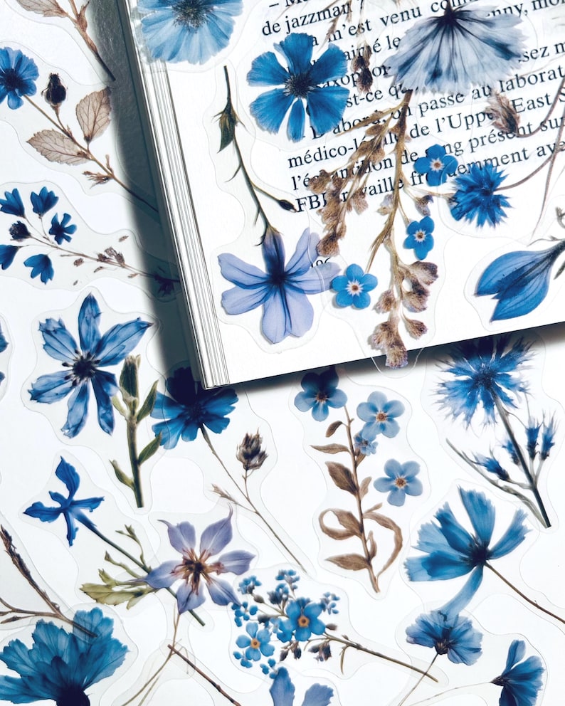 Blue Flower Stickers – Transparent Botanical Dried Flower Decals for ...
