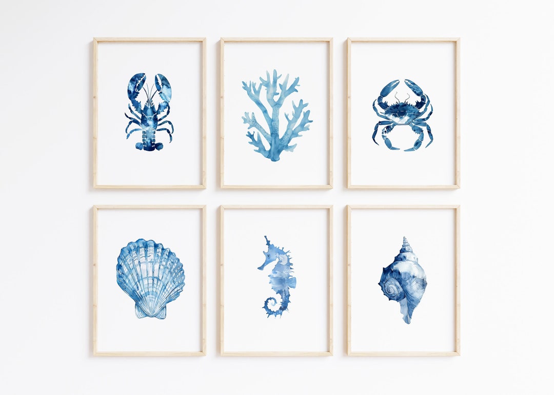 Blue Shell Print Set of 6 in Watercolor Coastal Prints as Maritime Wall ...