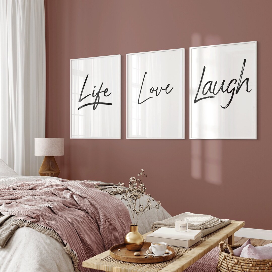 Set of 3 Posters Life Love Laugh Minimalist Typography in Black and ...