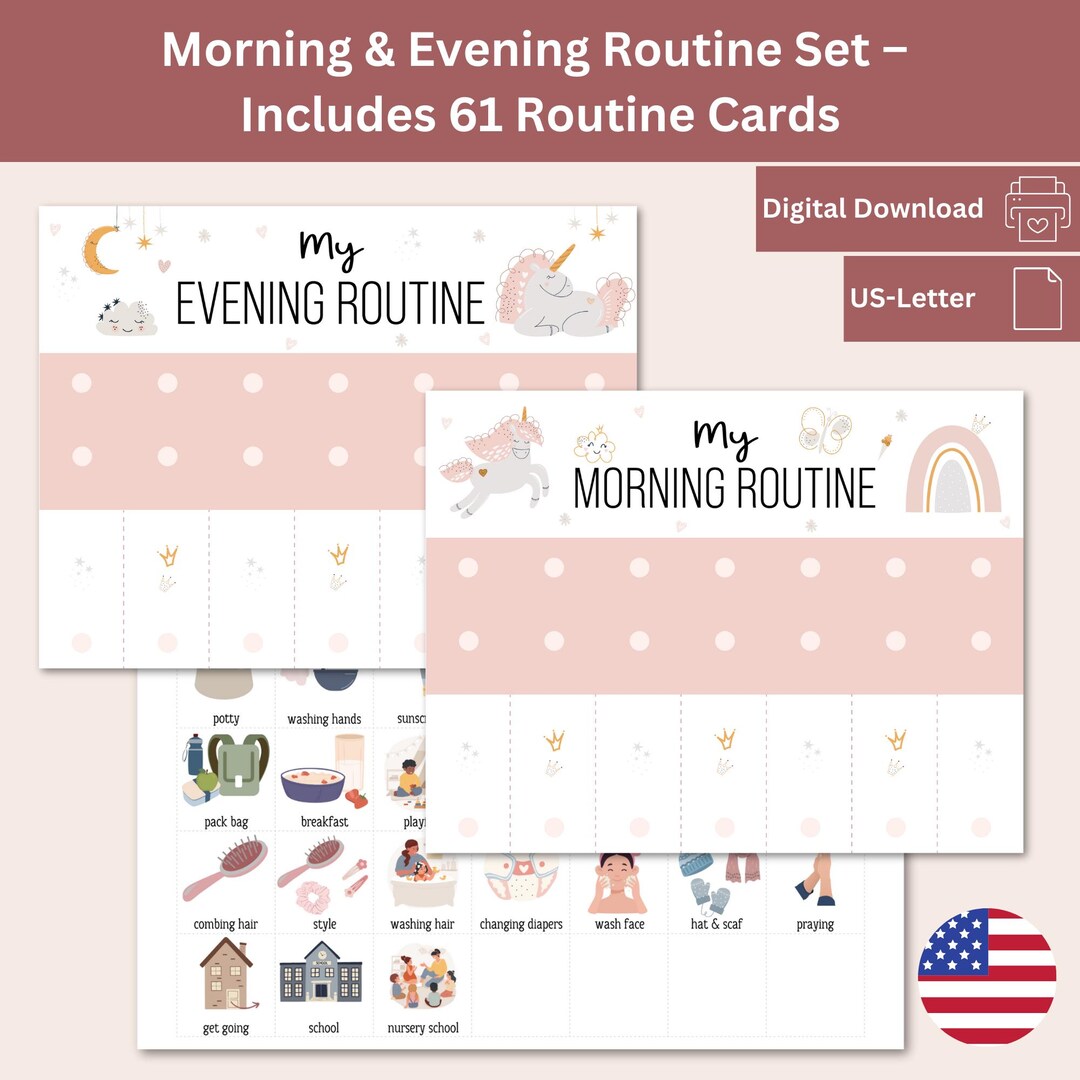 Morning and Evening Routine Chart for Kids Unicorn Theme Montessori ...