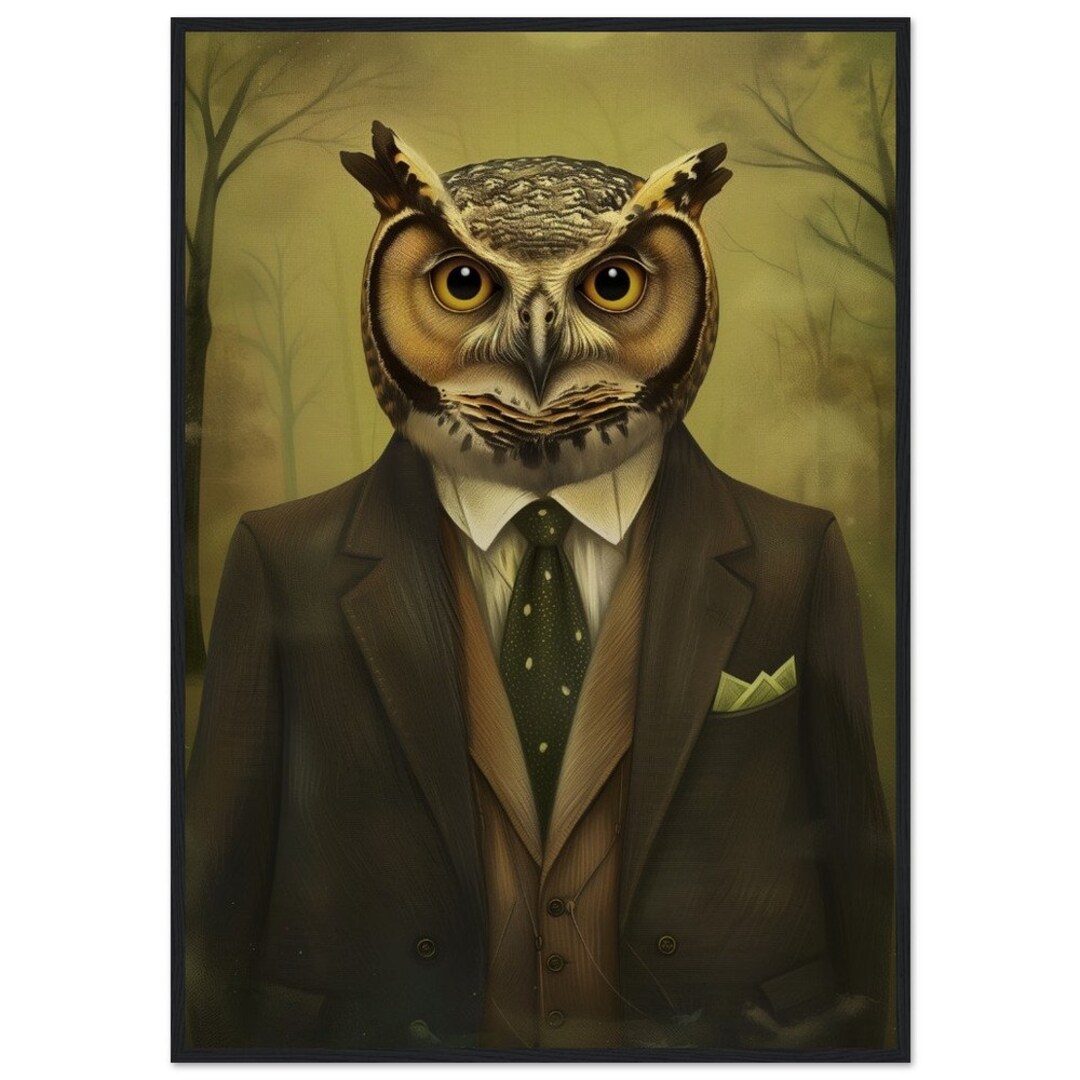 Owl in Suit, Jungle, Premium Poster on Matte Paper With Wooden Frame ...