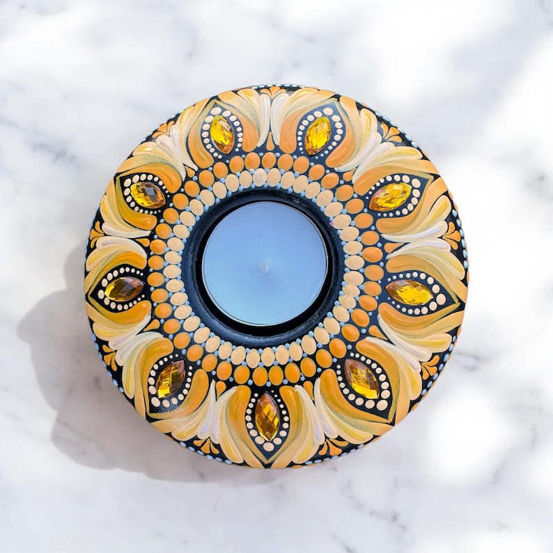 5.5" Yellow Mandala Tealight Candle Holder | Hand-painted Tealight ...