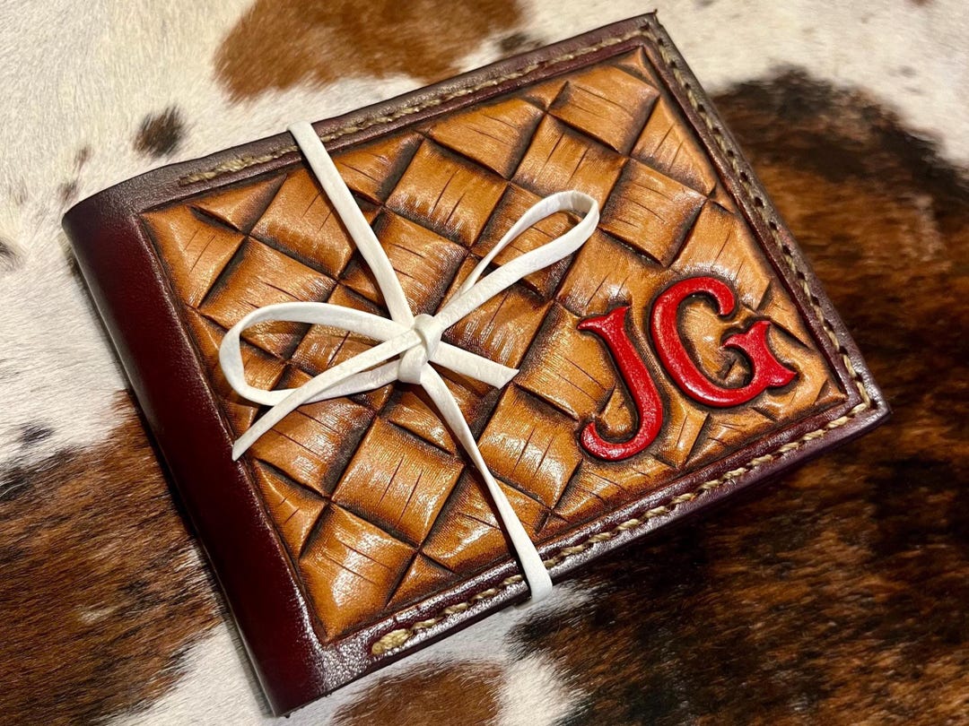 Custom Hand Tooled Basket Weave Bi-fold With Initial/ Brand - Etsy