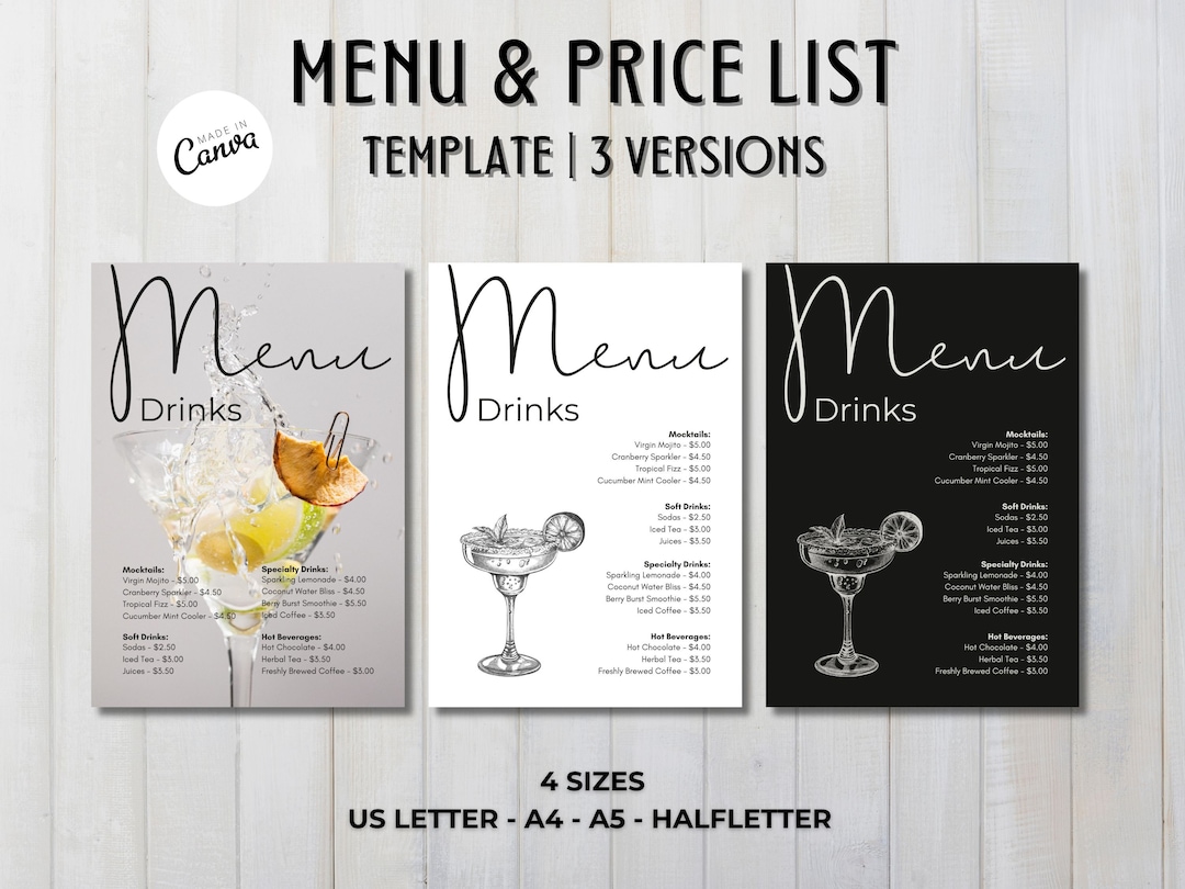 Editable Drink Menu Template Cocktail Menu Template Printable Bar Menu ...