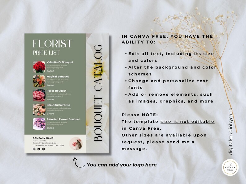 Green Florist Price List Template Editable Canva Digital Catalog ...
