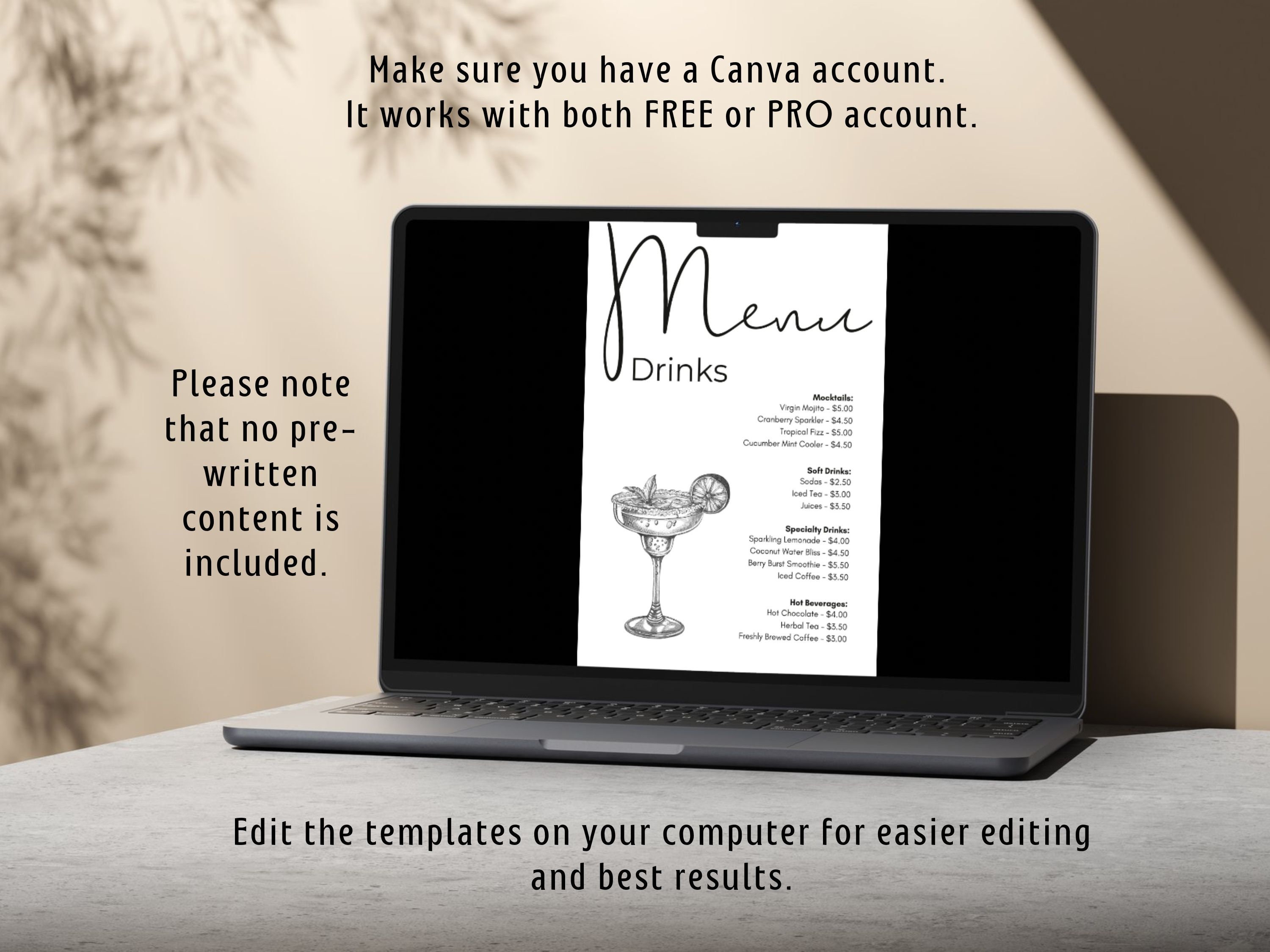 Cocktail Menu Template Printable Bar Menu Template Editable Drink Menu Template Minimalist Menu