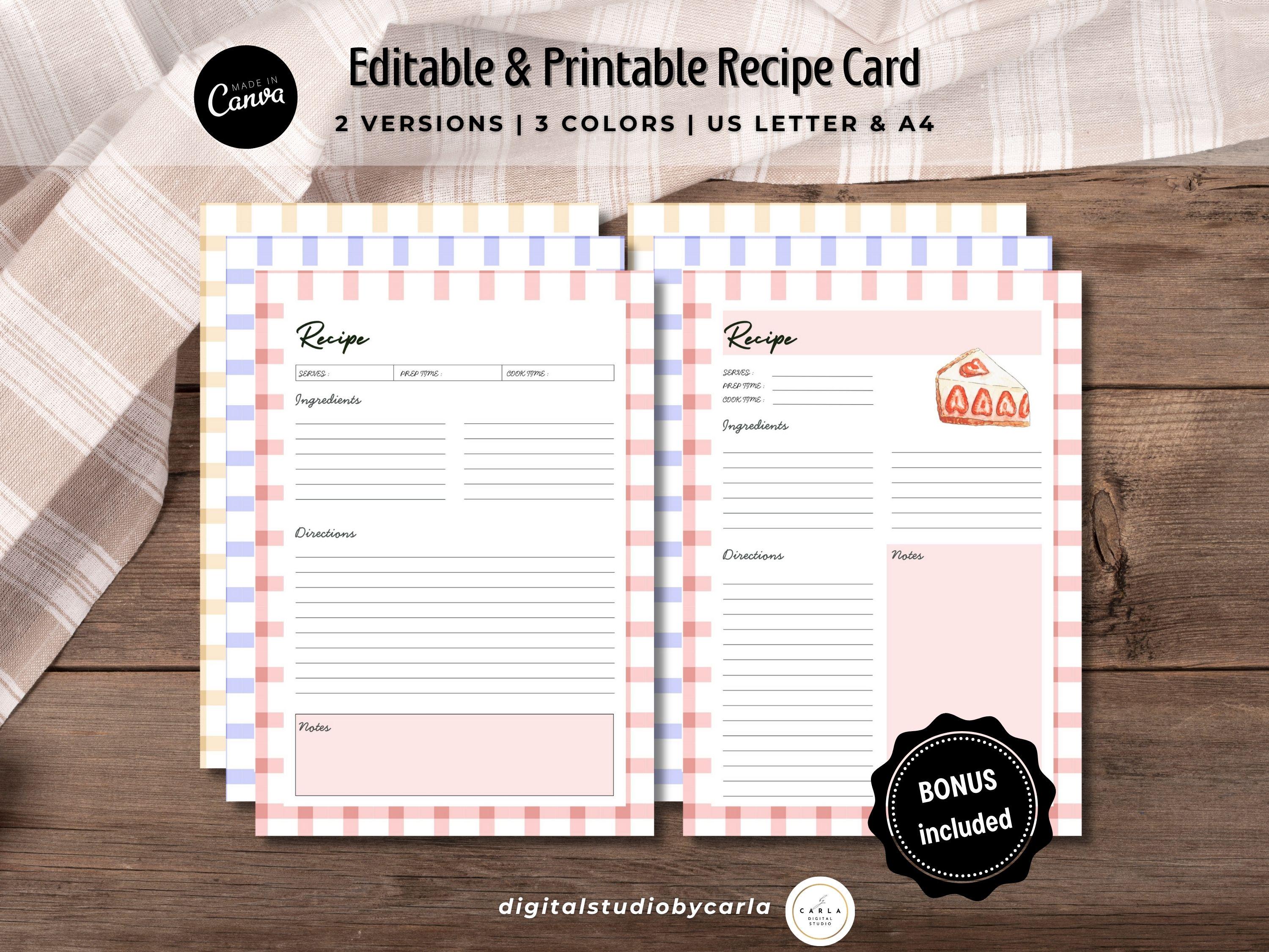 Editable Recipe Template Set | Printable Recipe Book PDF | Pastel Color ...