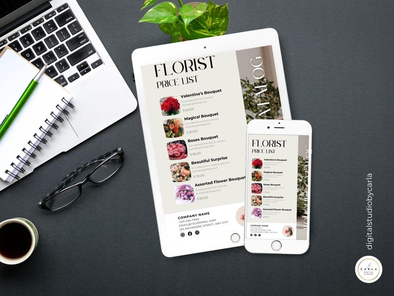 Green Florist Price List Template Editable Canva Digital Catalog ...