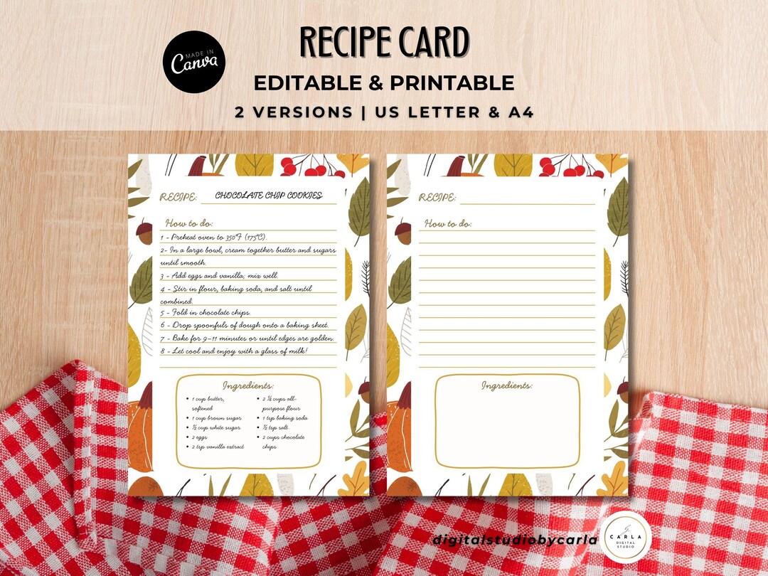 Fall Recipe Card Template | Recipe Page for Family Cookbook, Food ...