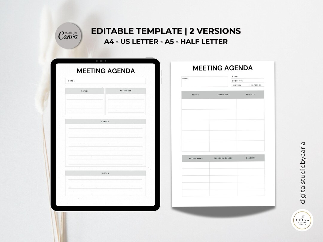 Editable Meeting Agenda Template Canva | Custom Agenda Digital ...